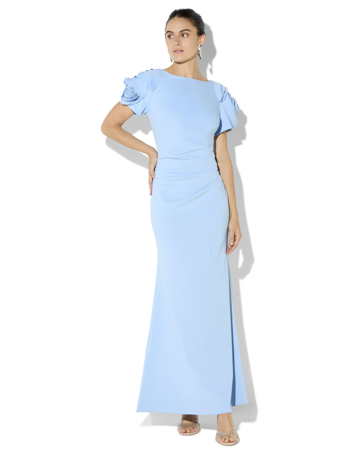 Monet Sky Blue Rosette Sleeve Gown - Montique Clothing