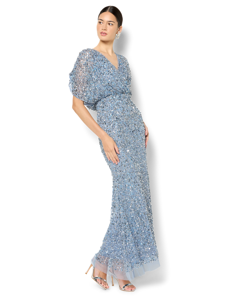 Natasha Sky Blue Hand Beaded Gown - Montique Clothing