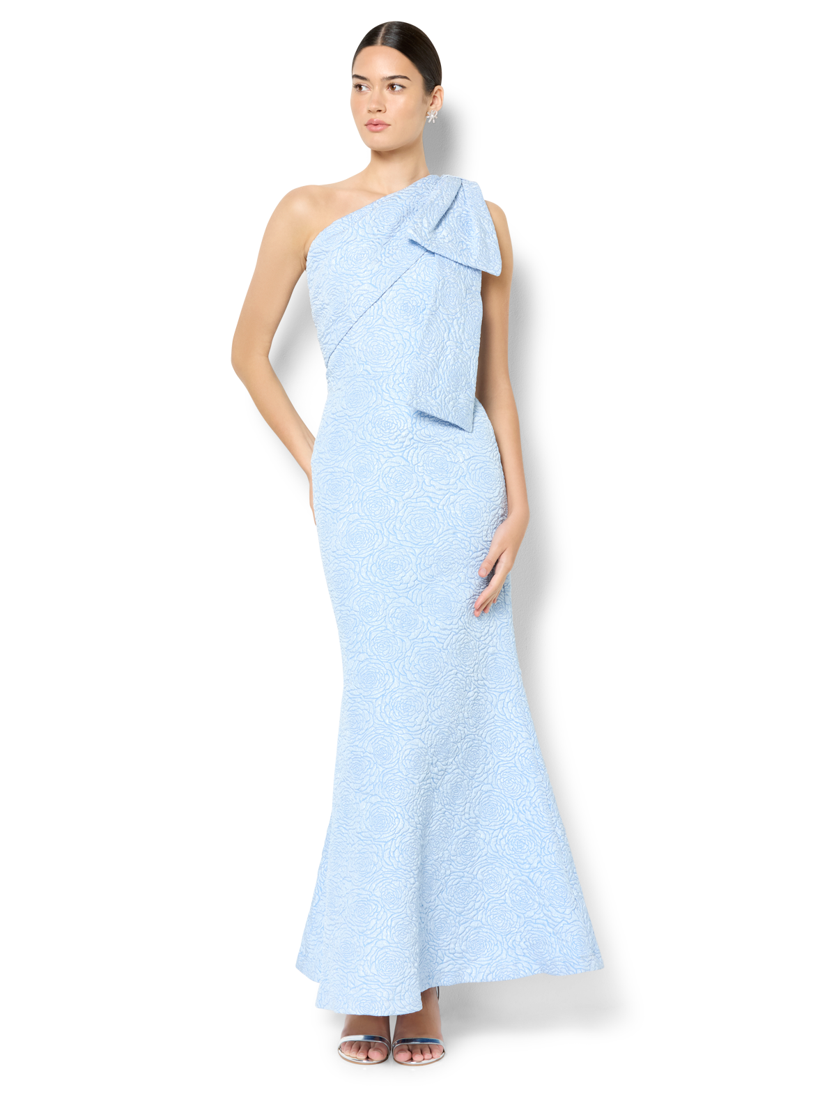 Wren Sky Blue Jacquard One Shoulder Gown - Montique Clothing